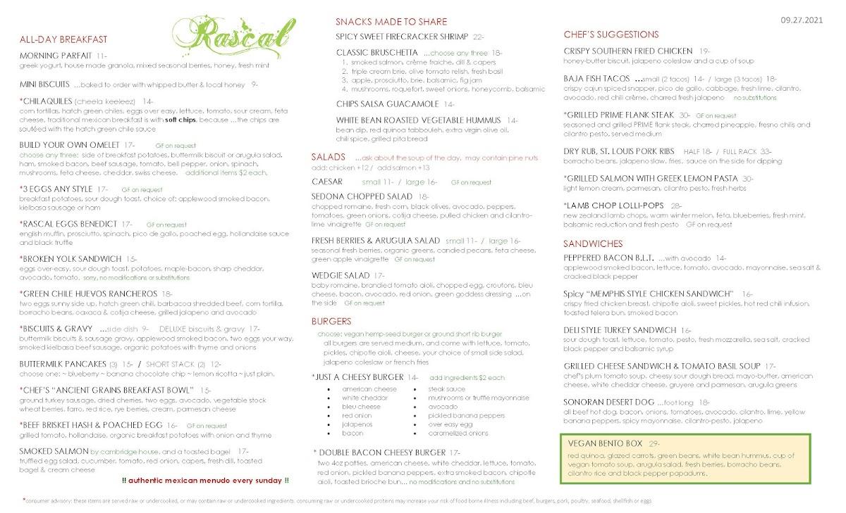 Menu at Rascal Modern American Diner & Bar, Sedona
