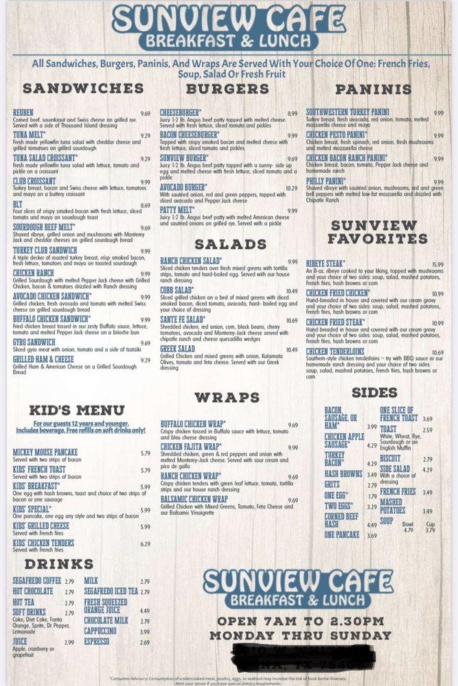 Menu at Sunview Cafe, Melissa
