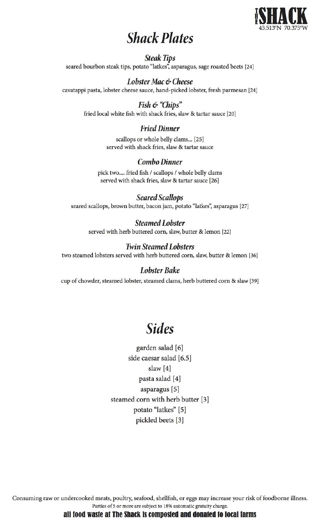 Menu at The Shack restaurant, Old Orchard Beach