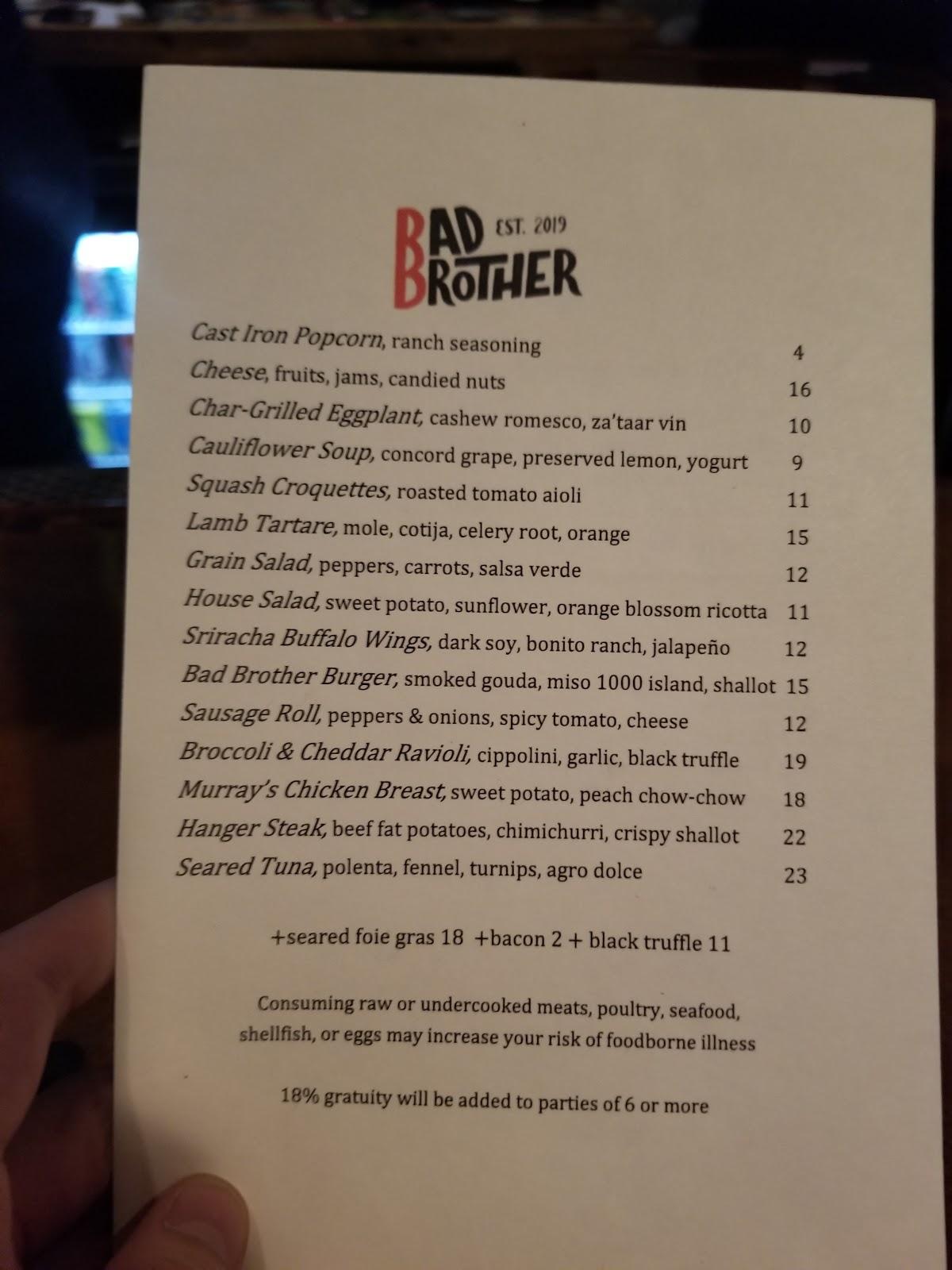 Menu at Bad Brother pub & bar, Philadelphia
