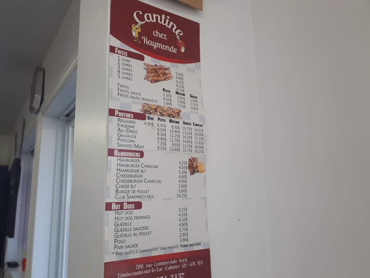 Menu au Cantine chez Raymonde restaurant, Témiscouata-sur-le-Lac