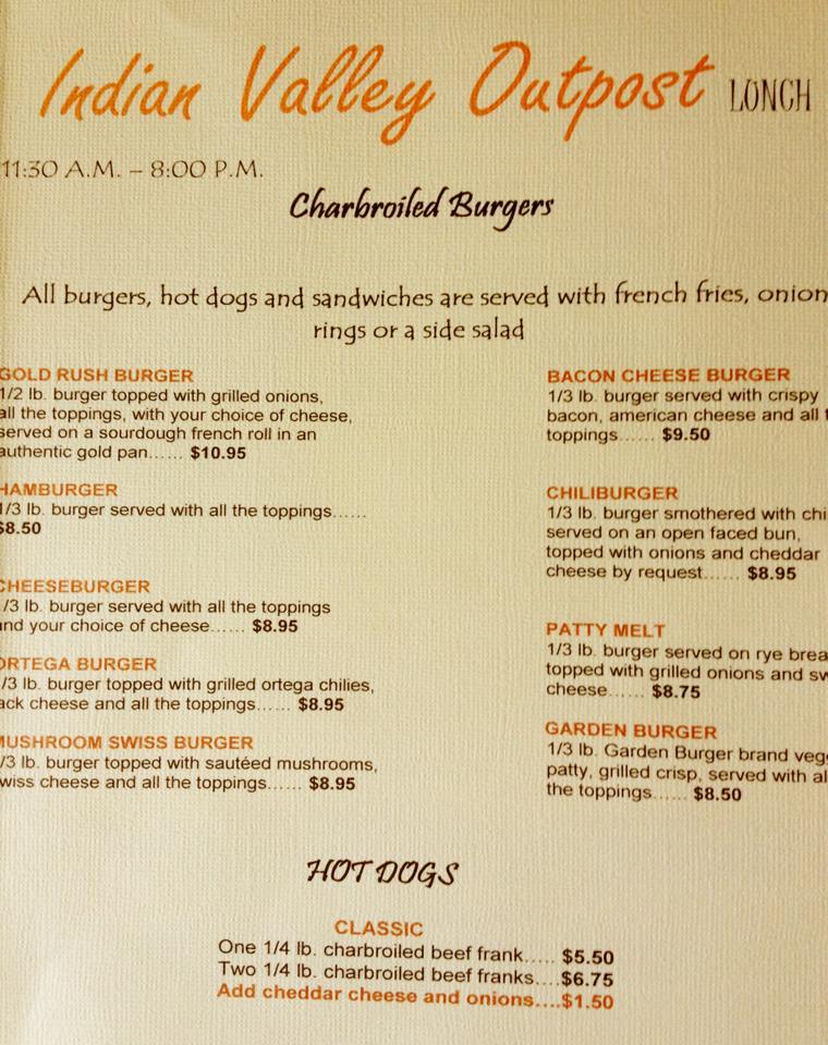 Menu at Indian Valley Outpost restaurant, Nevada City, 109 Fiddle Creek Rd