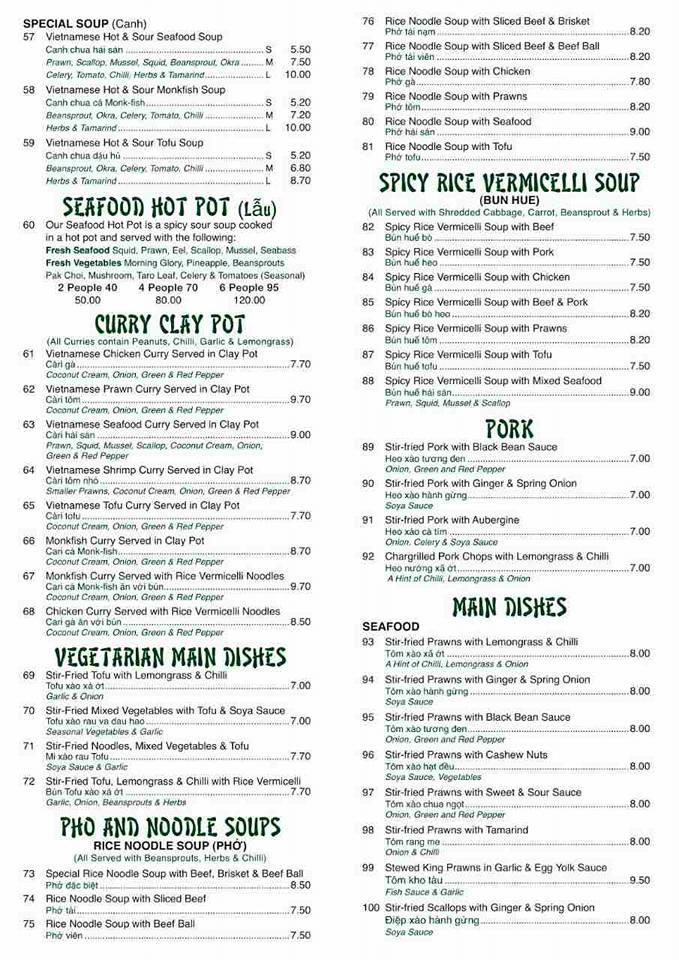 Menu at Mien Tay restaurant, London, 433 Lordship Ln