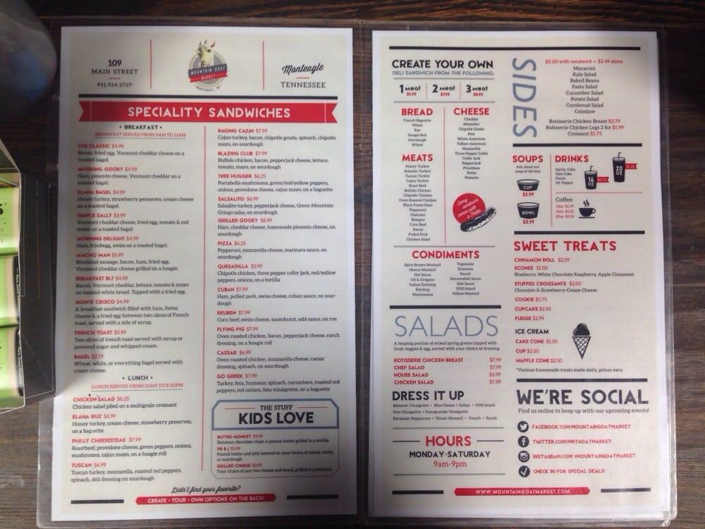 Menu at Mountain Goat Market cafe, Monteagle