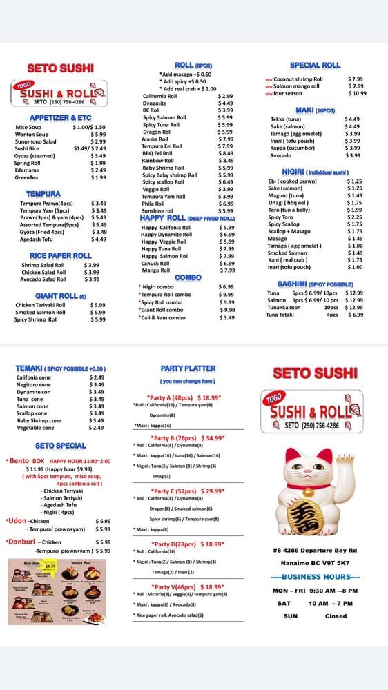 Menu at Seto Sushi restaurant, Nanaimo