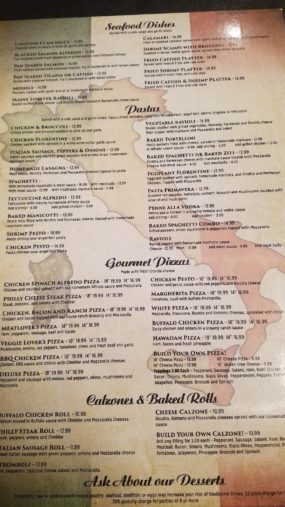 Menu at Taste of Italy restaurant, Gatlinburg