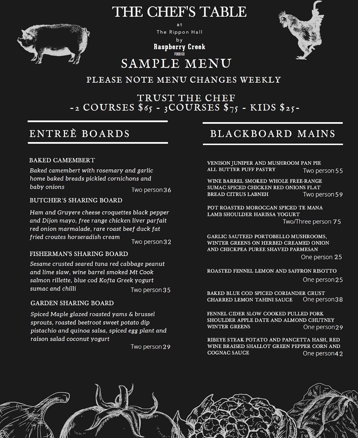 Menu at The Chef's Table restaurant, Wanaka