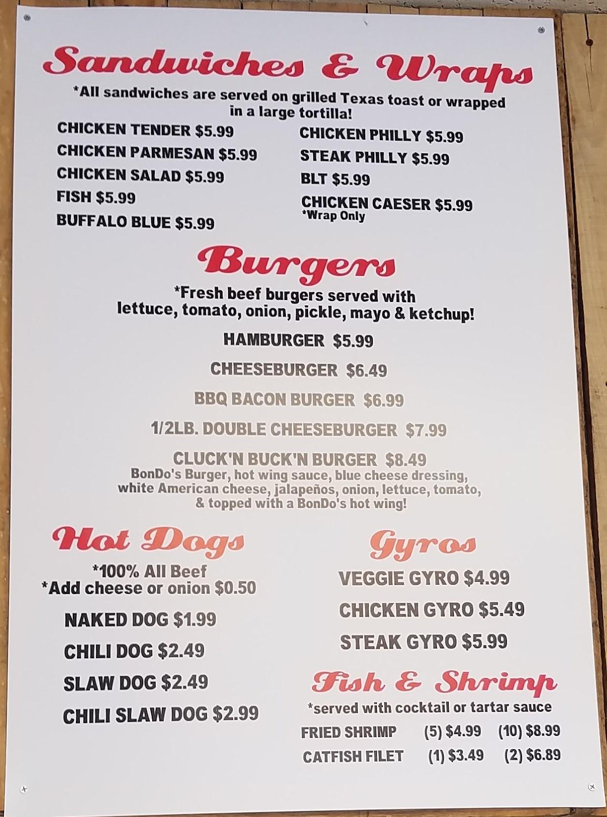 Menu at BonDo's restaurant, McDonough