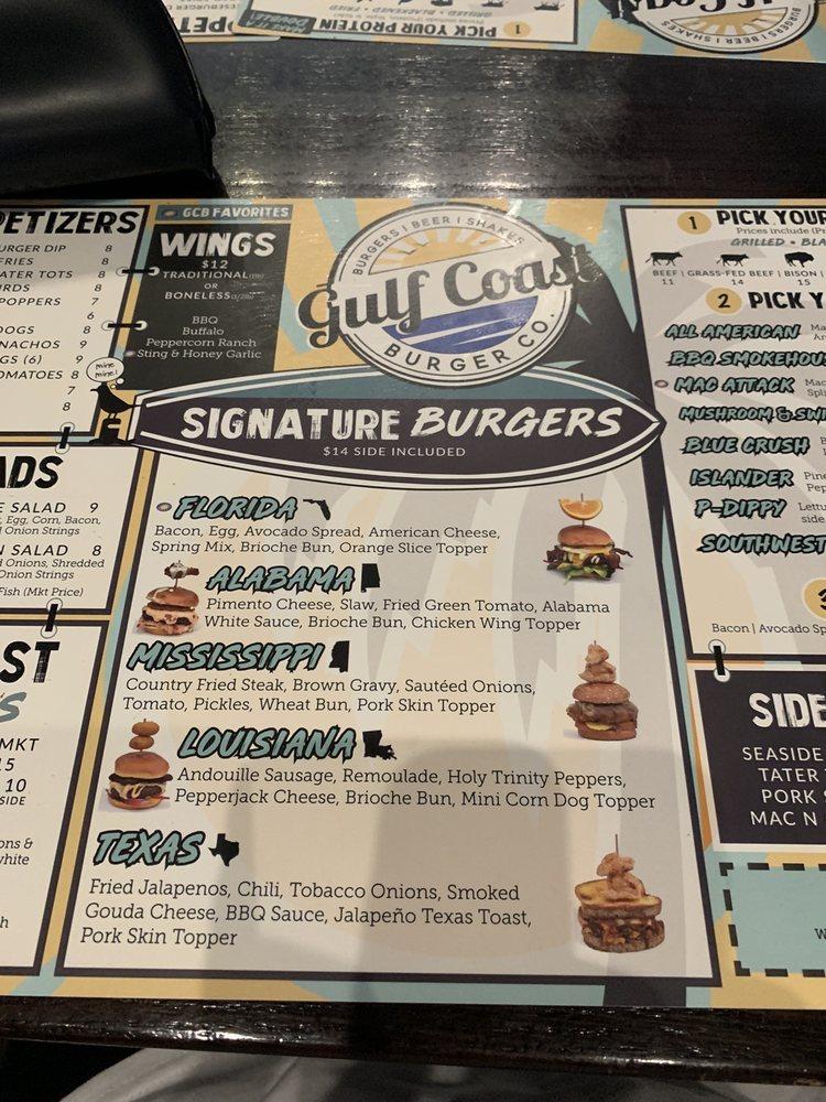 Menu at Gulf Coast Burger Co. restaurant, Panama City Beach