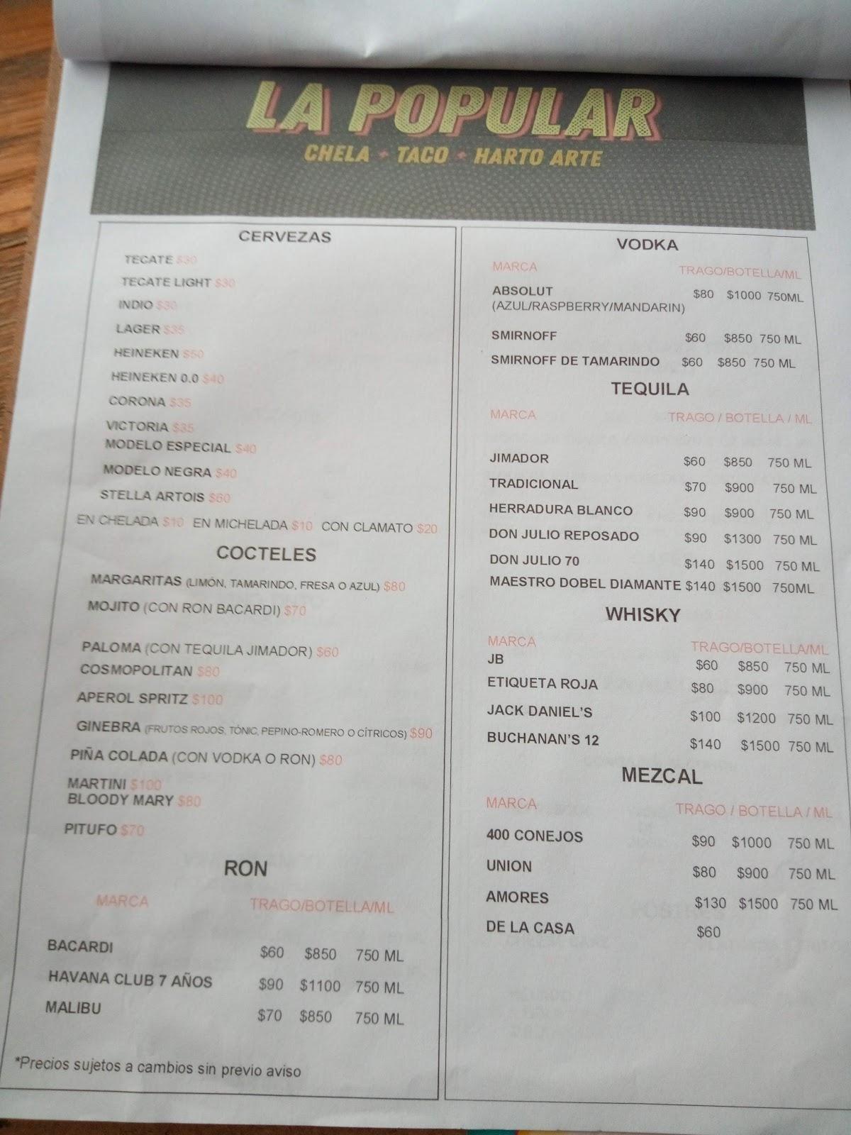 Carta del restaurante La Popular, Xalapa Enríquez