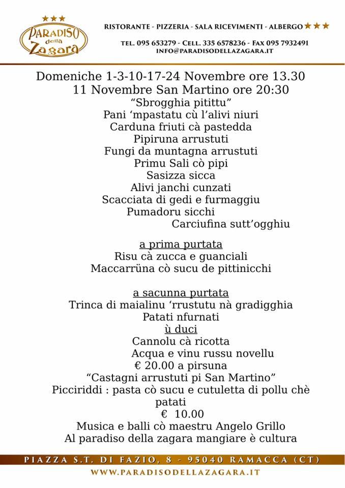 Carta del restaurante Paradiso della zagara, Ramacca