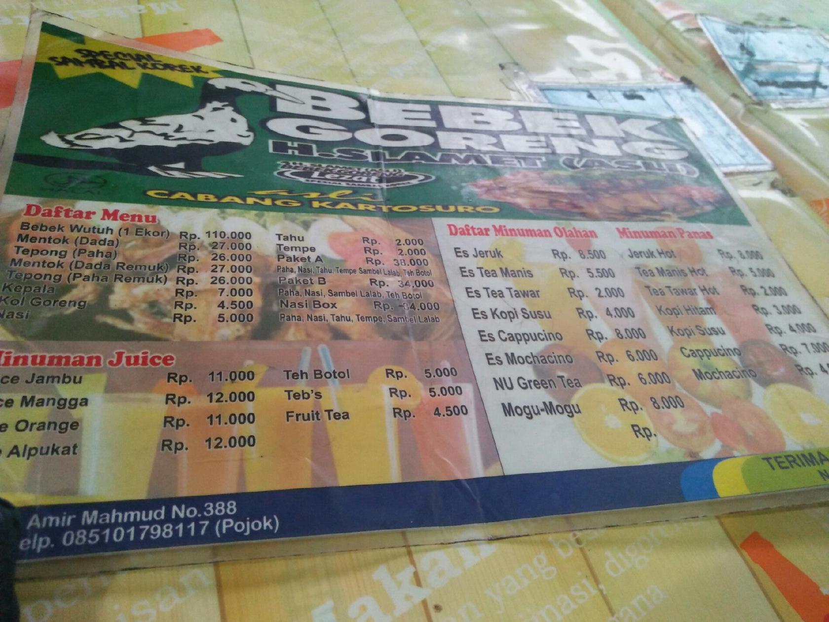 Menu at Bebek Goreng Haji Slamet (Asli) Cimahi restaurant, Cimahi