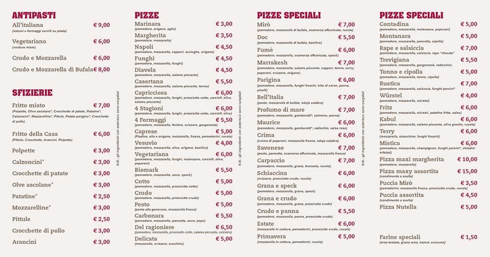 Menu at Caffè Miró pizzeria, Lecce