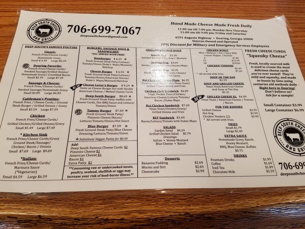 Menu at Deep South Cheese and Grill restaurant, Dearing