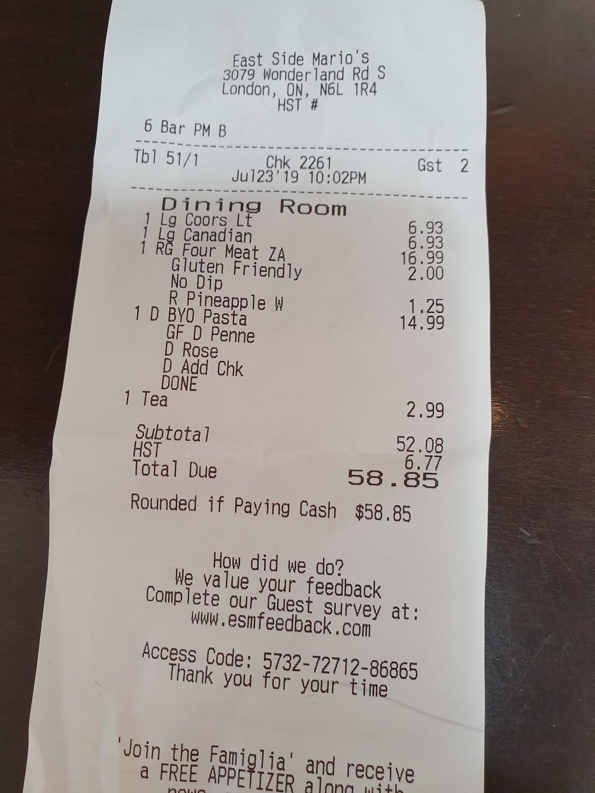 Menu at East Side Mario's pizzeria, London, Wonderland Rd S