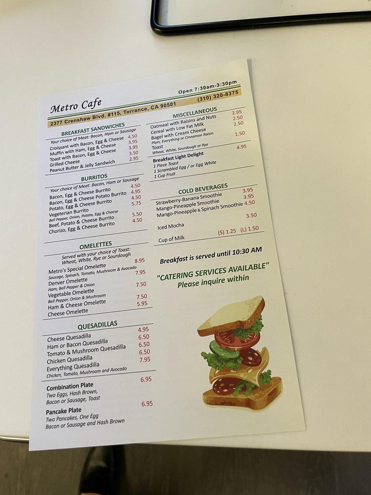 Menu at Metro Cafe, Torrance