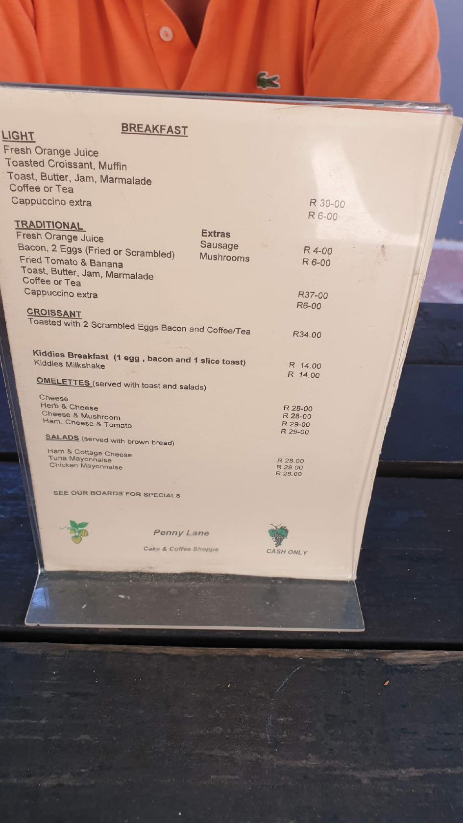Menu at Penny Lane restaurant, Cape Town, 4 Penny Lane