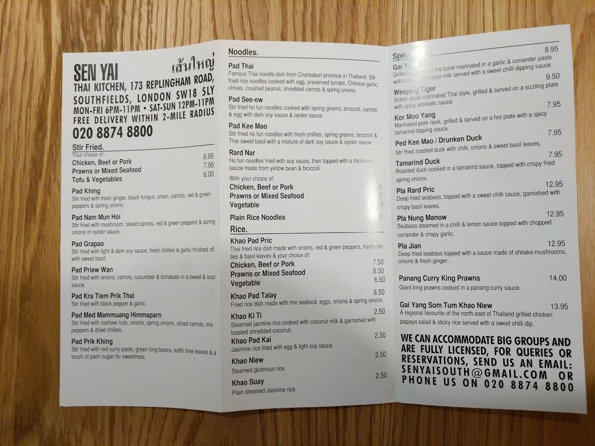 Menu at Sen Yai restaurant, London