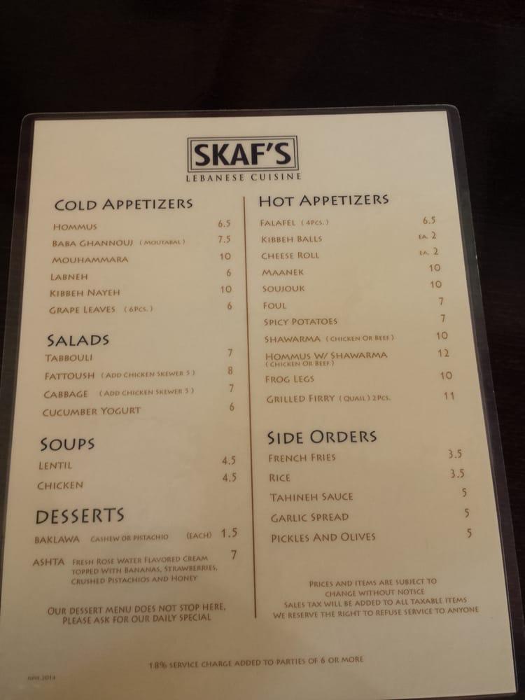 Menu at Skaf's Lebanese Cuisine restaurant, Glendale, 367 N Chevy Chase Dr