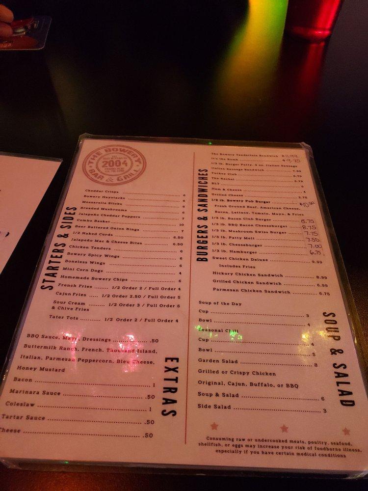Menu at The Bowery Bar & Grill, Franklin