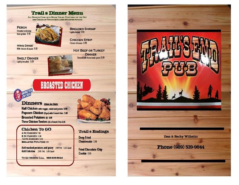 Menu at Trails End Pub, USA, N Finley Lake Ave
