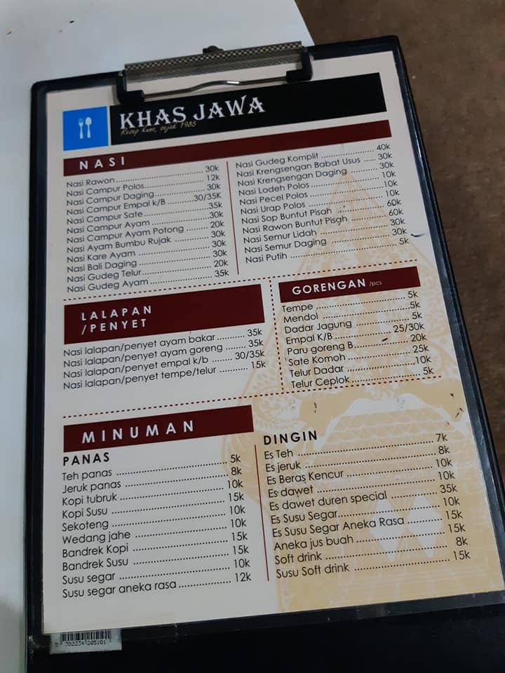 Menu at Khas Jawa 1985 restaurant, Batu