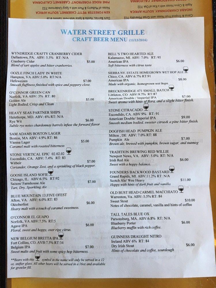 Menu at Water Street Grille pub & bar, Yorktown