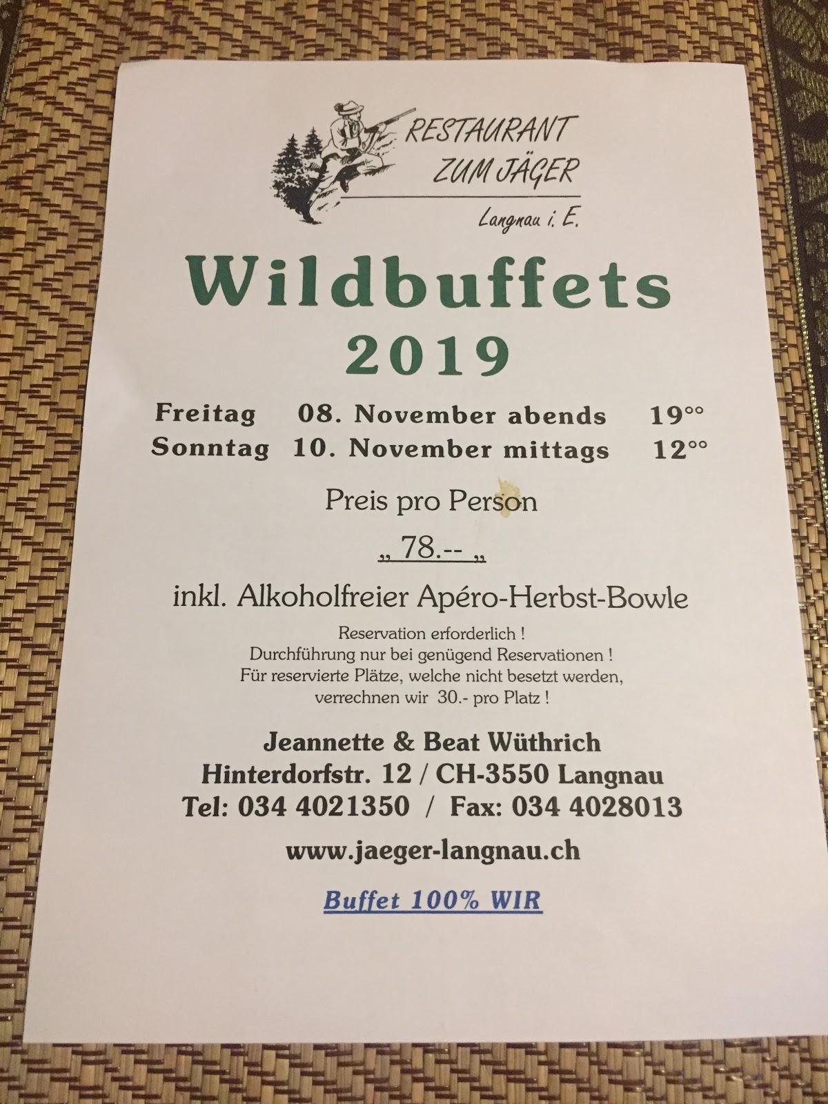 Speisekarte von Restaurant zum Jäger, Langnau im Emmental