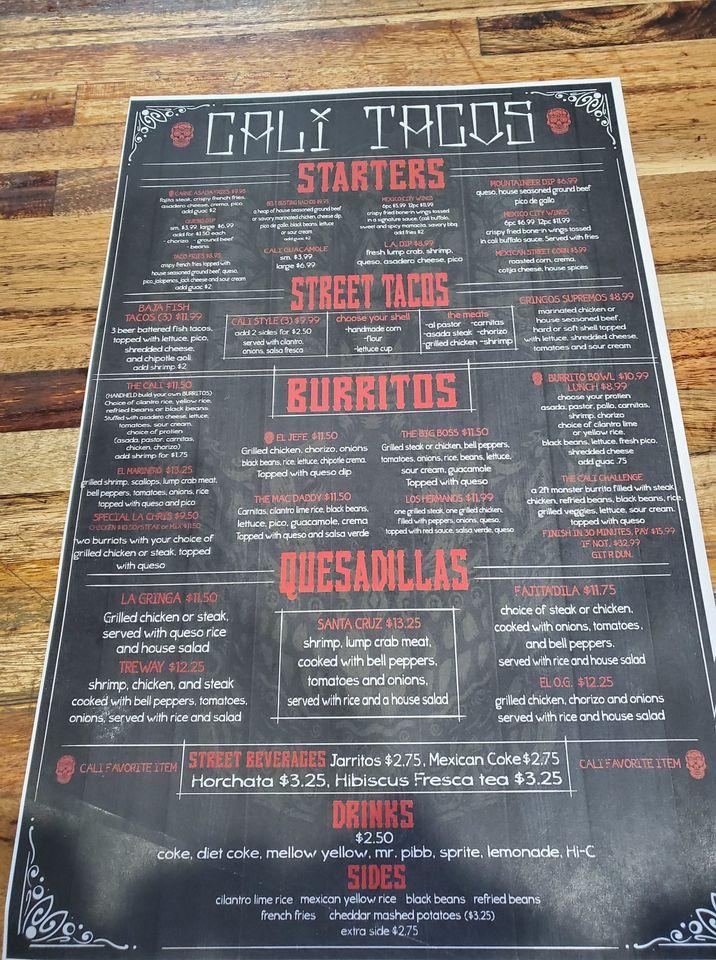 Menu at Cali Taco restaurant, Nitro