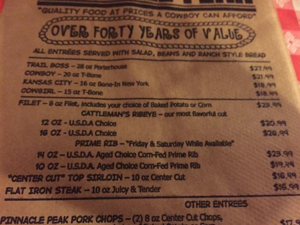 Menu at Pinnacle Peak Steakhouse, San Dimas