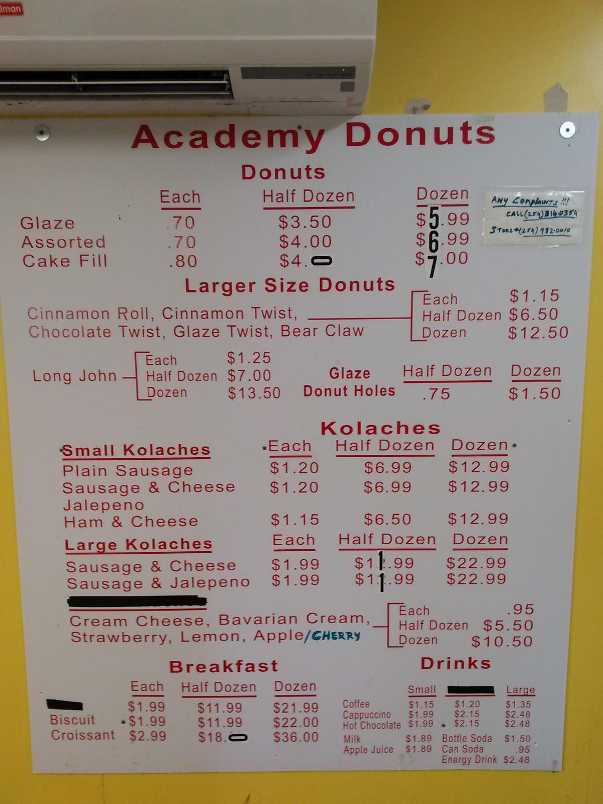 Menu at Academy Donuts, Little River-Academy