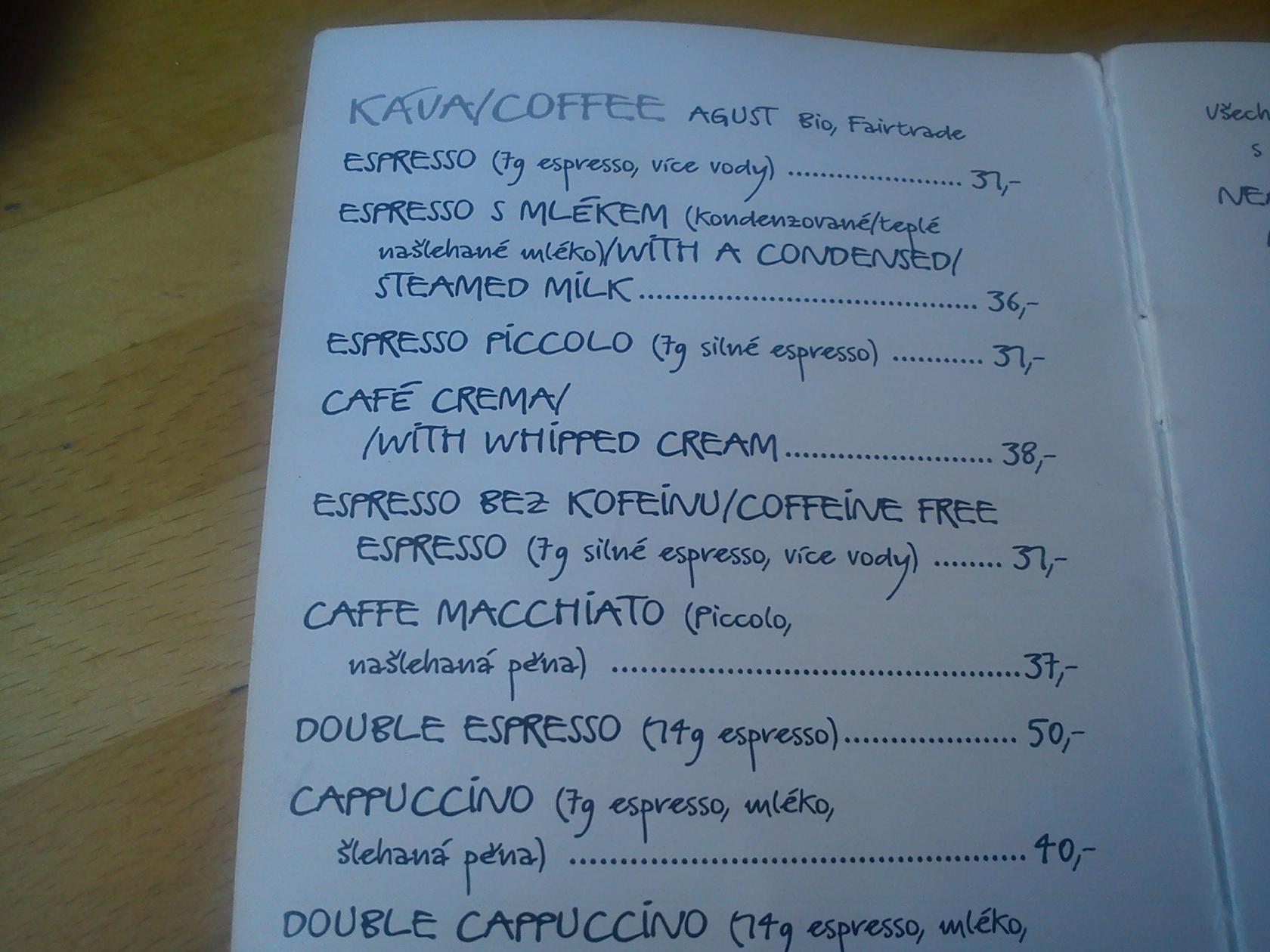 Menu at Café 87 cafe, Olomouc, 1. máje 29