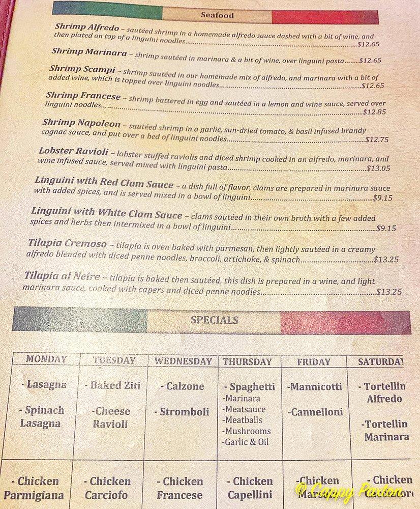 Menu at Capizzi's Italian Kitchen pizzeria, Paris