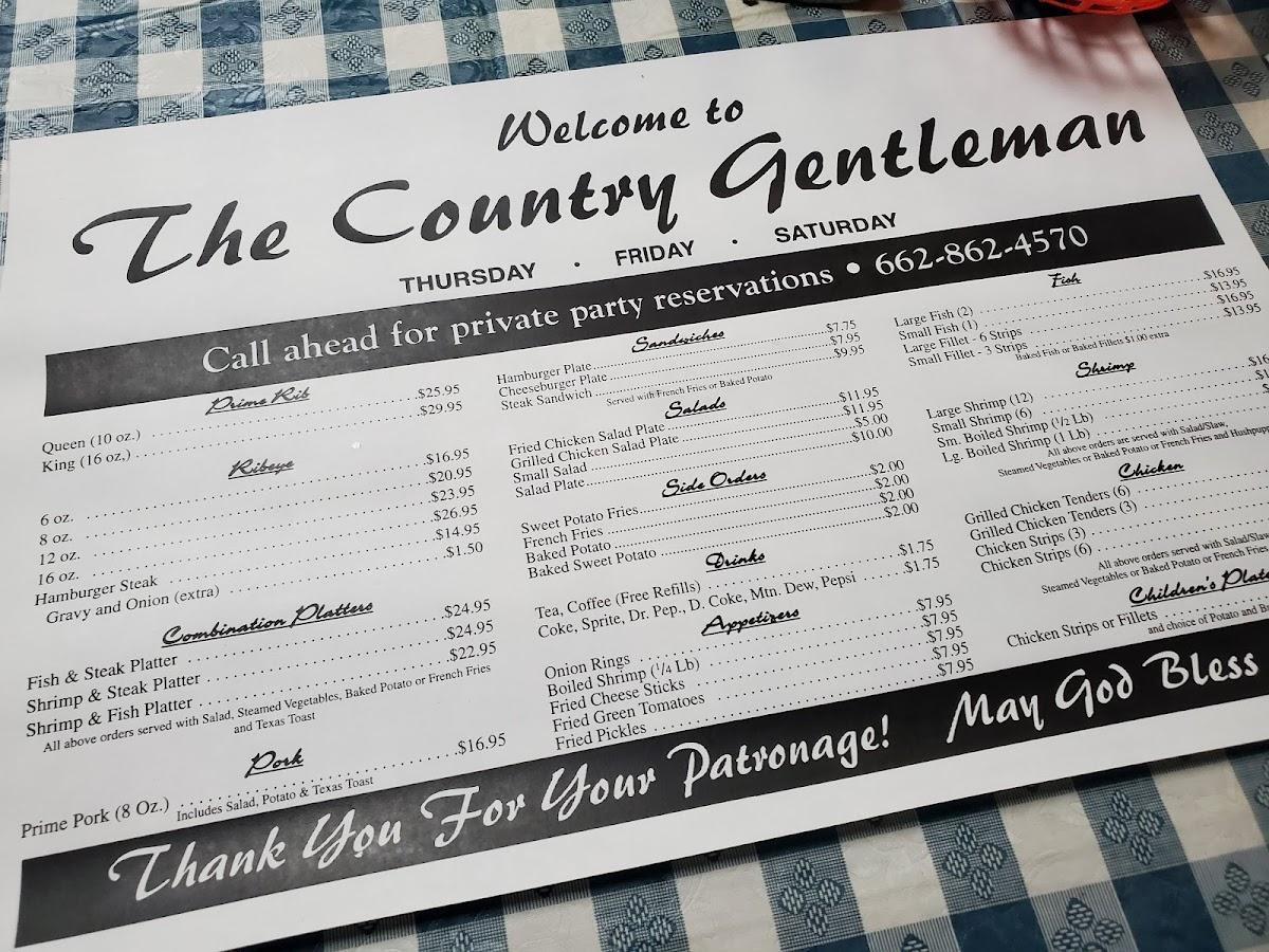 Menu at Country Gentleman Fish and Steak House steakhouse, Fulton, MS-25