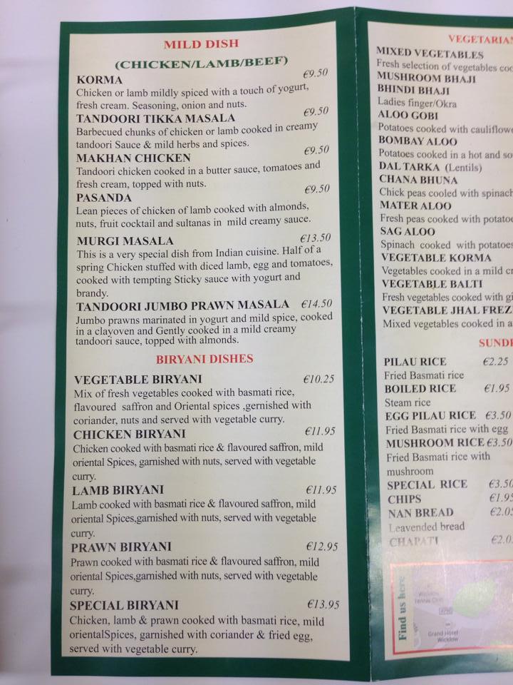 Menu at Dhaka House Indian Restaurant, Wicklow