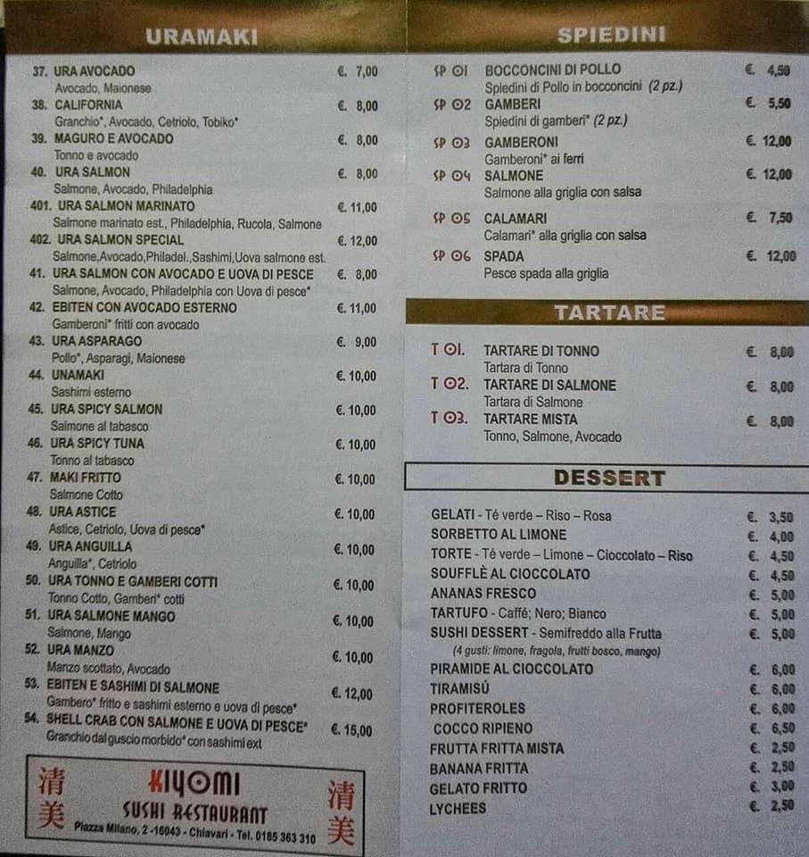 Menu at Ristorante Giapponese e Cinese Kiyomi, Chiavari