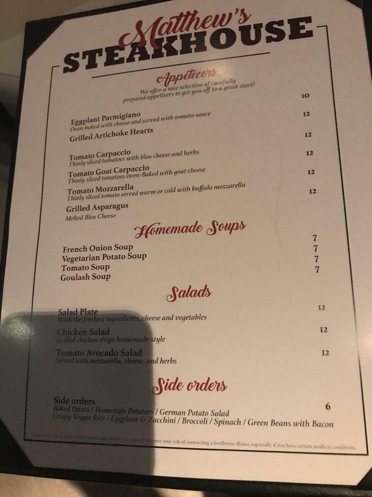 Menu at Matthew's Steakhouse, Winter Garden