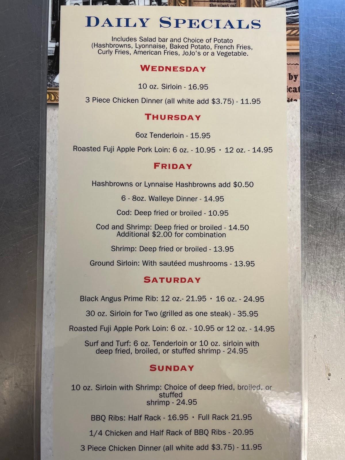 Menu at Old Abe's Supper Club, USA
