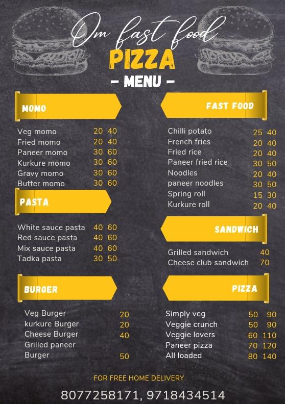 Menu at Om Fast Food & pizza corner, Kashipur