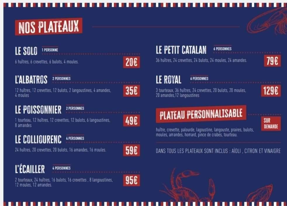 Carta del restaurante Poissonnerie Le Petit Catalan, Colliure