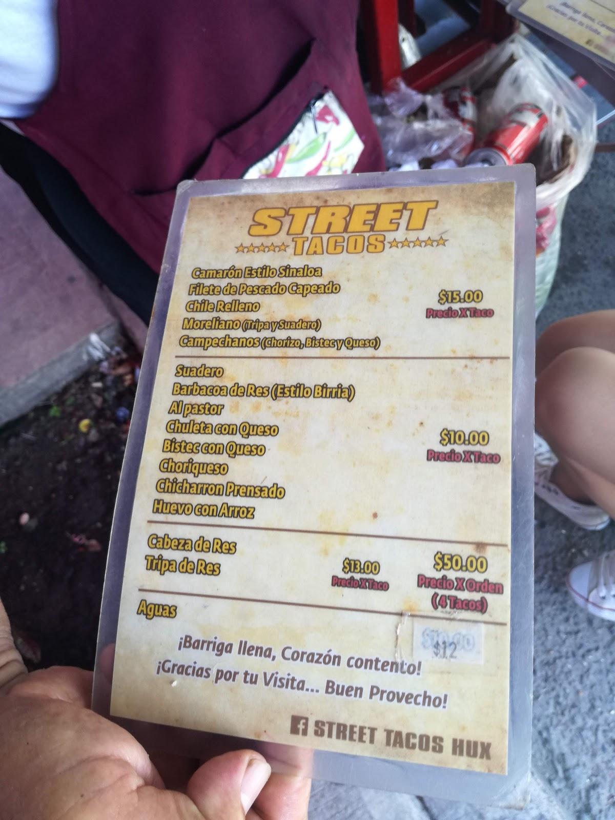 Menu at Street tacos restaurant, La Crucecita
