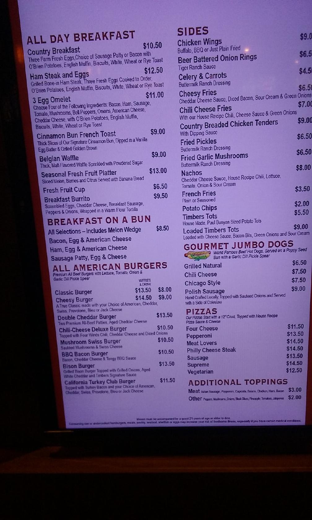 Menu at Timbers Fast Food & Deli New Buffalo, New Buffalo