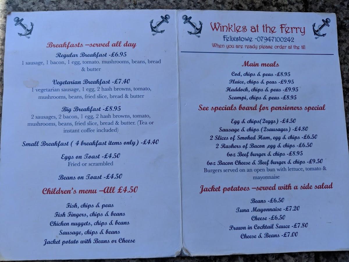 Menu at Winkles at the Ferry restaurant, Felixstowe