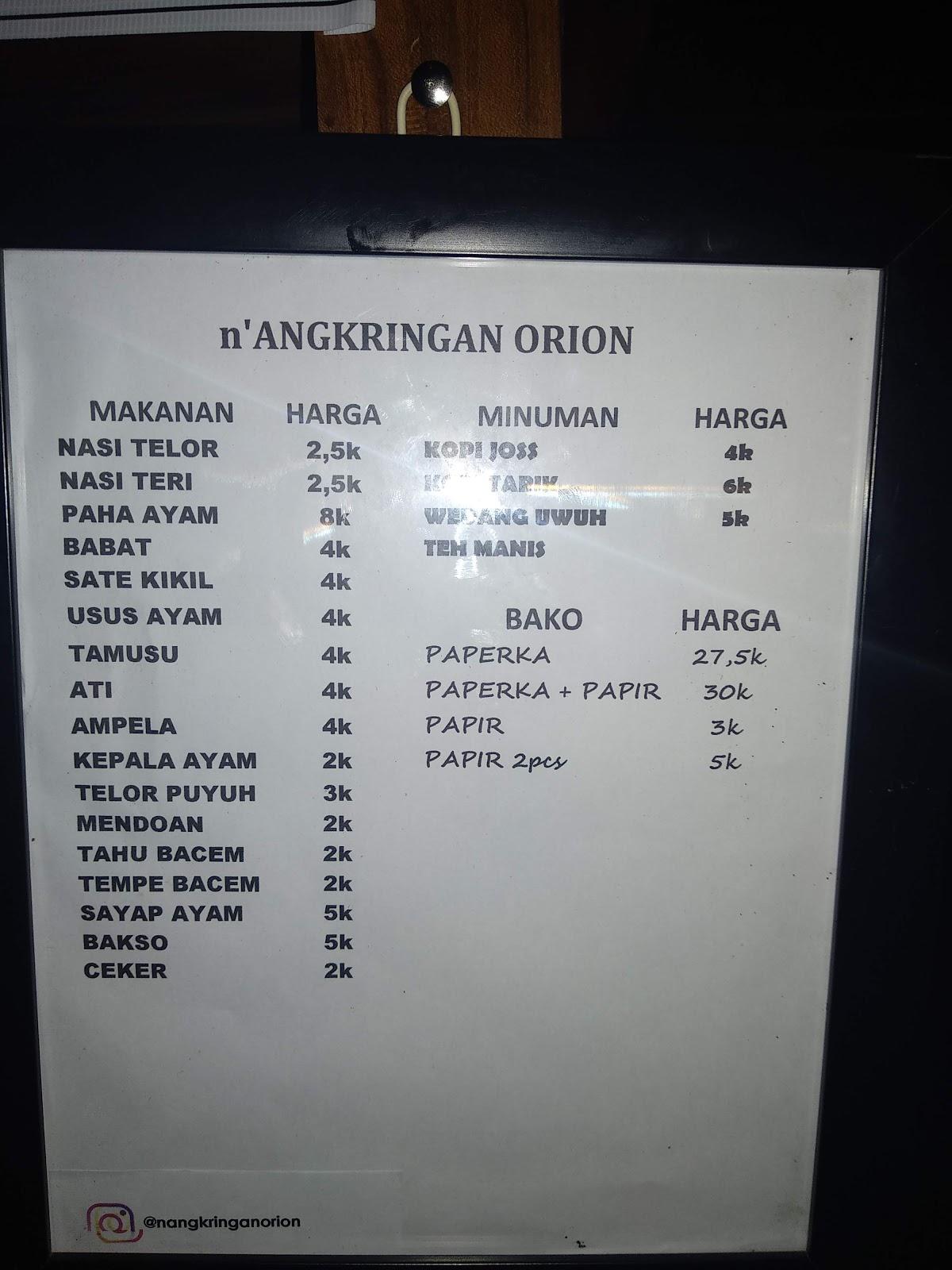Menu at Angkringan Orion, Padalarang