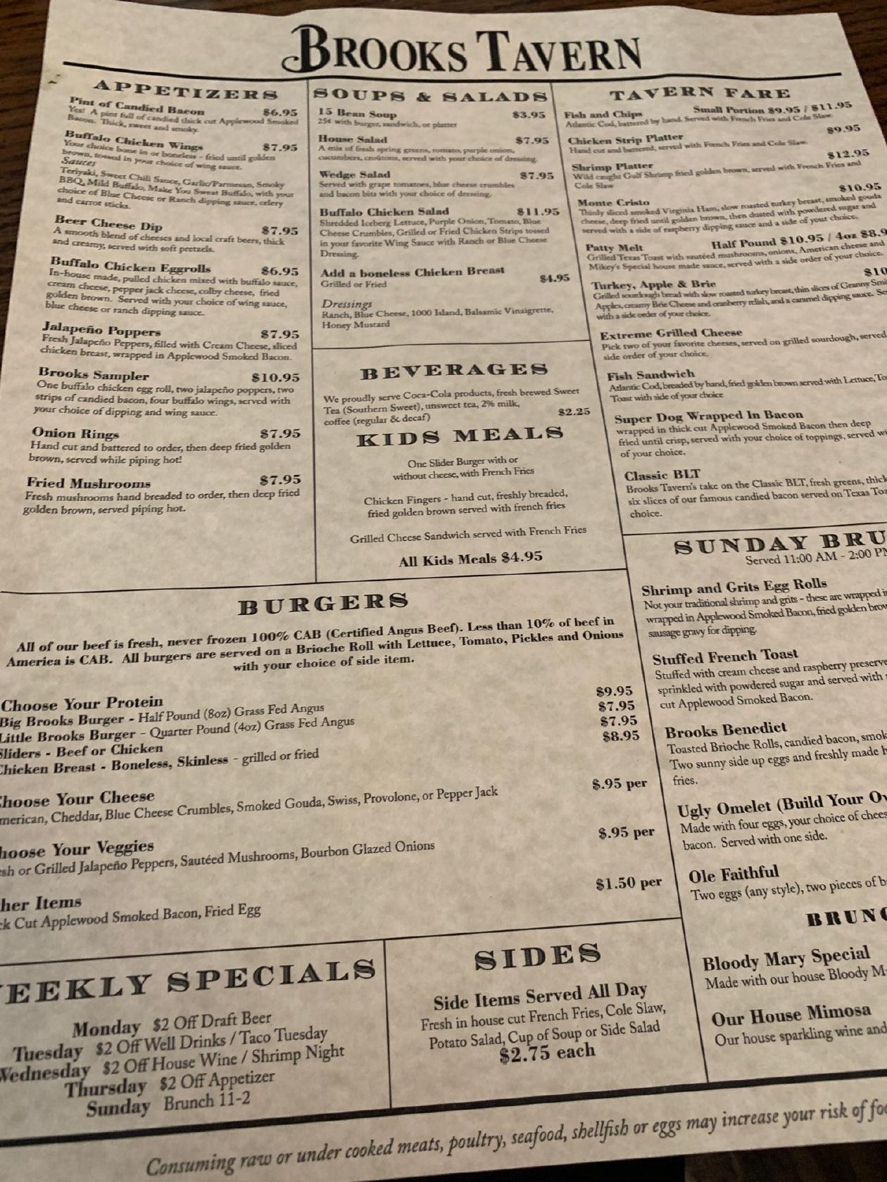 Menu at Brooks Tavern pub & bar, Hendersonville