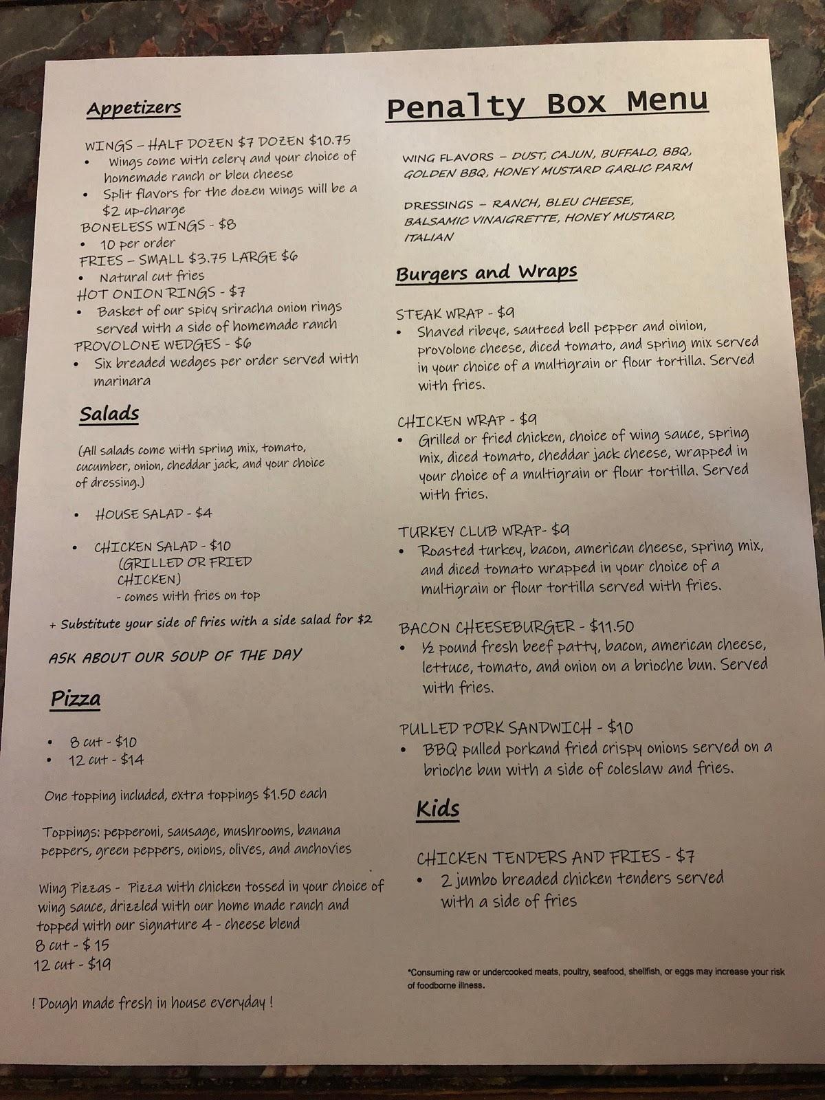 Menu at Penalty Box pub & bar, Economy