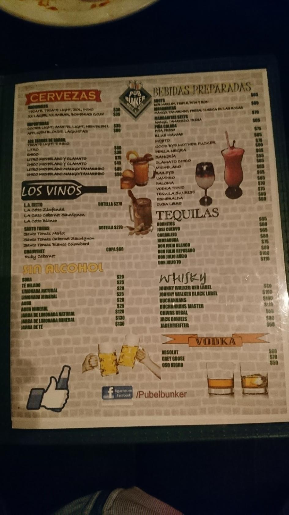 Menu at Pub El Búnker, Ensenada, Blvd. Zertuche 283