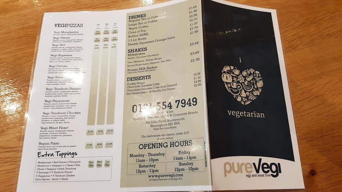 Menu at Pure Vegi restaurant, Birmingham