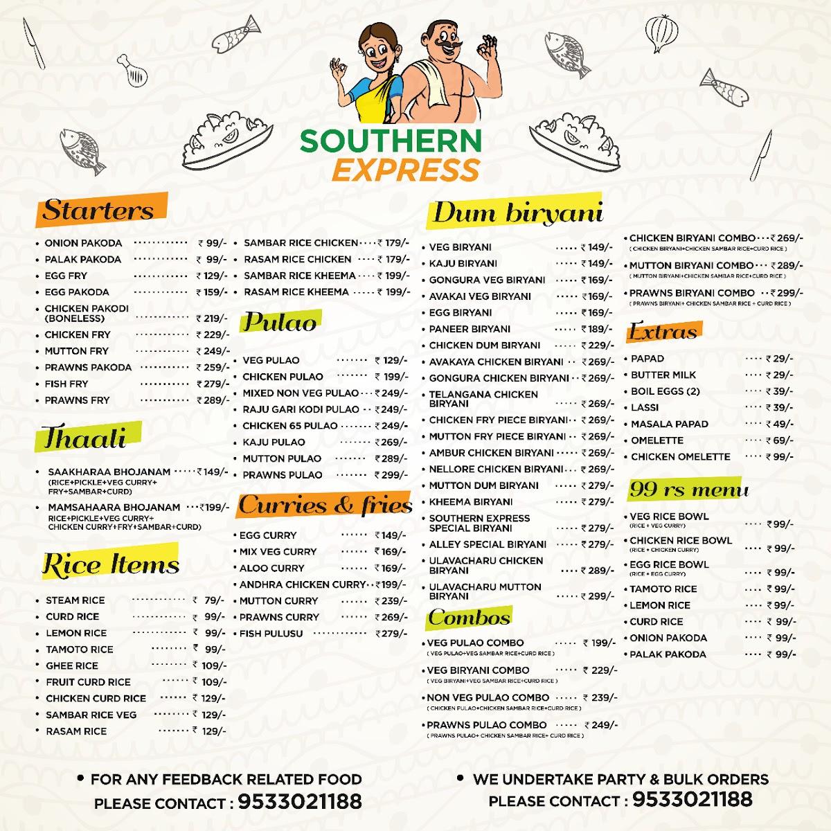 Menu at Southern Express, The Alley, Hyderabad
