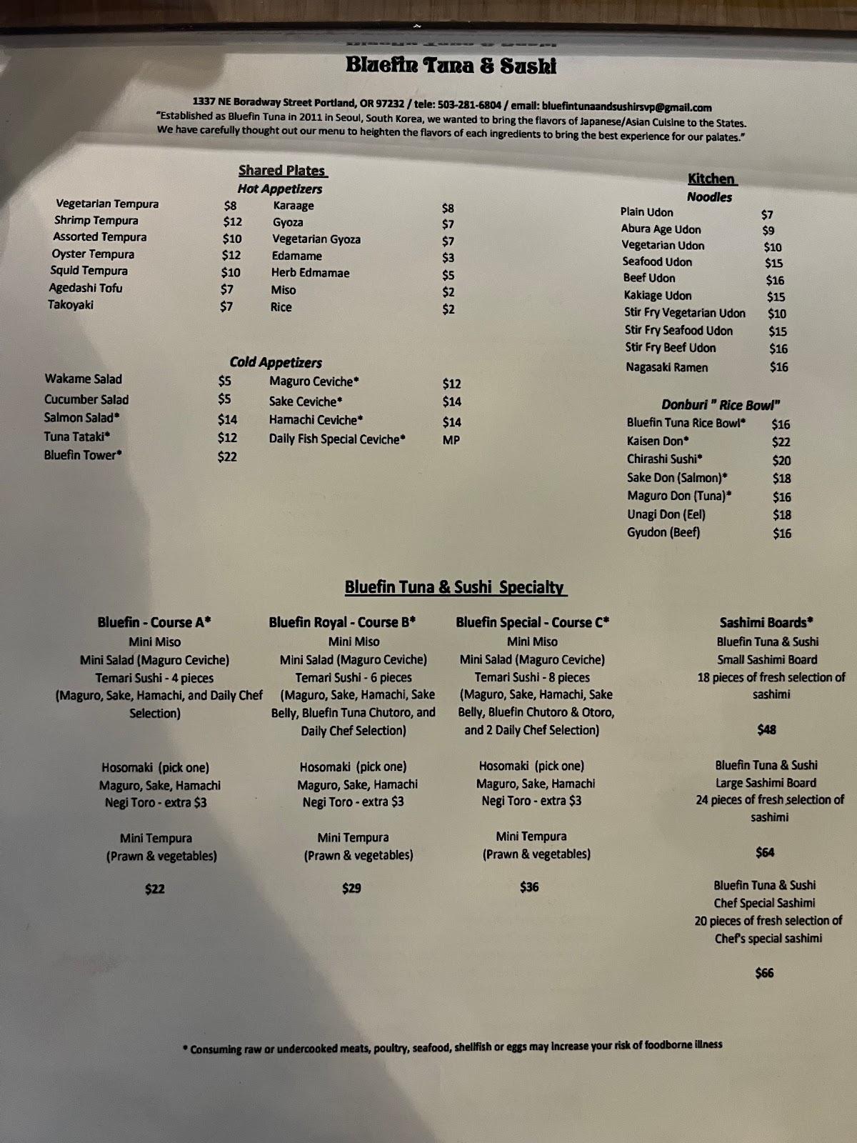 Carta del restaurante Bluefin Tuna & Sushi, Portland